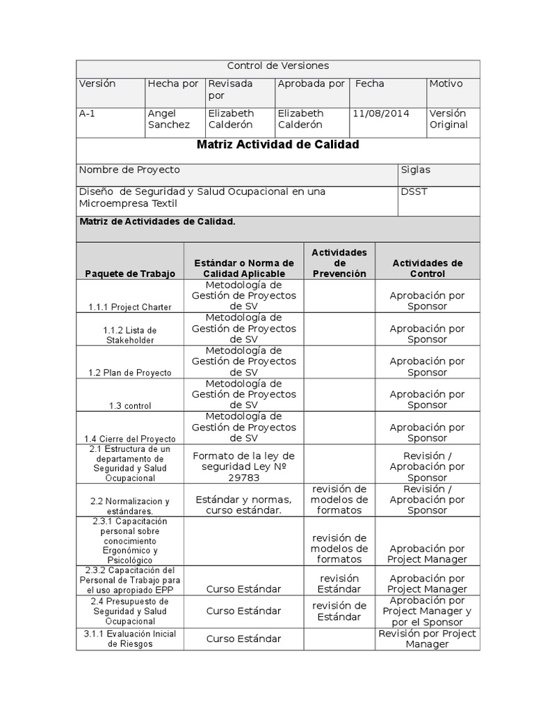 Matriz de Actividad de Calidad | Gestión de proyectos | Informática