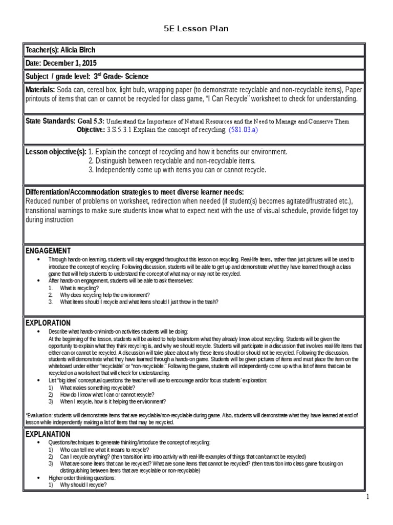 recycling lesson plan | Lesson Plan | Recycling