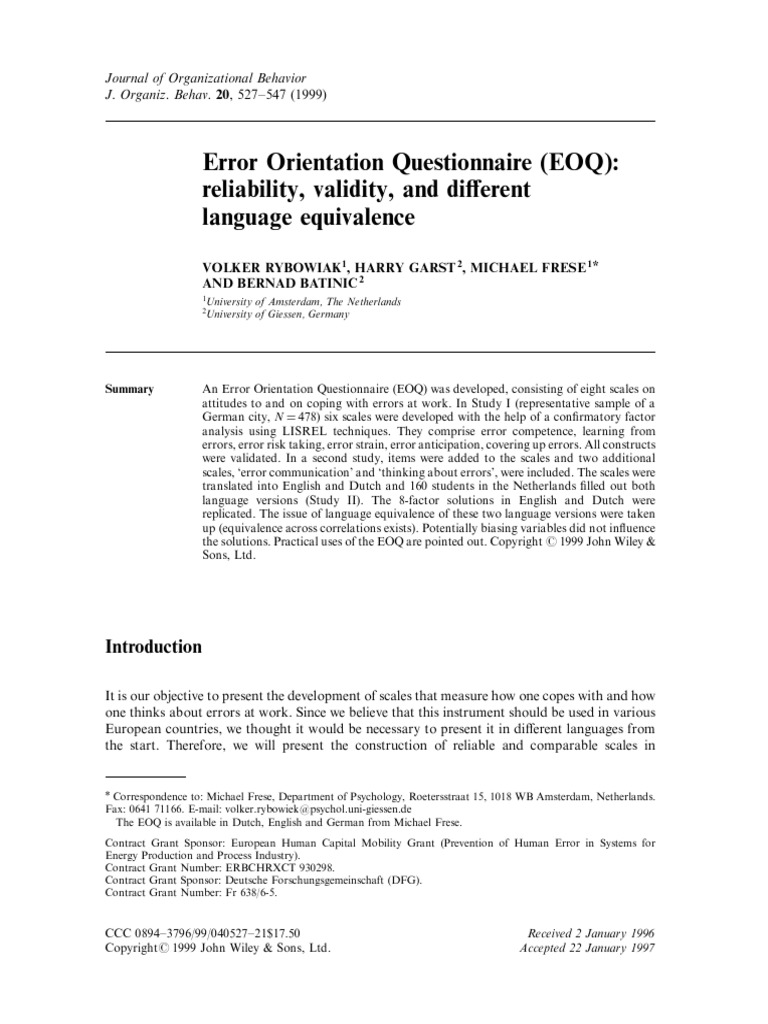 Error Orientation Questionnaire | PDF | Factor Analysis | Validity ...