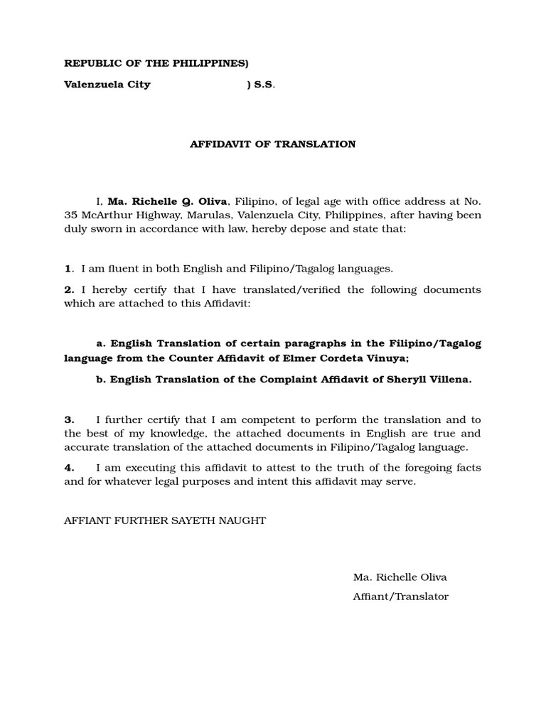 Affidavit of Translation in Tagalog | PDF | Social Science | Foreign ...