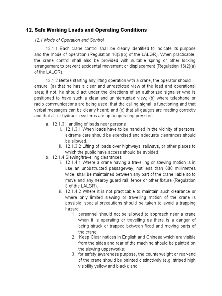 Safe Working Loads and Operating Conditions: 12.1 Mode of Operation and ...