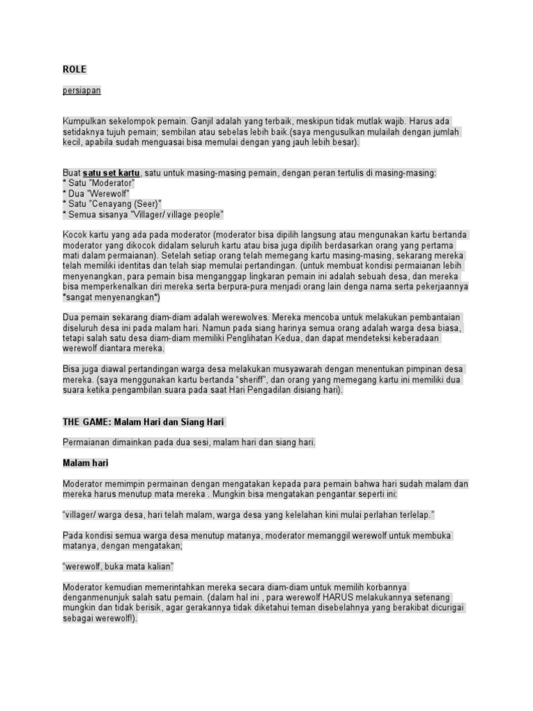 Peraturan dan Peran dalam Game Werewolf | PDF