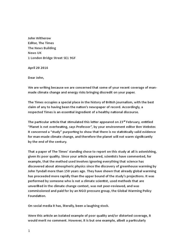 Letter to the Times re climate change coverage | Global Warming ...