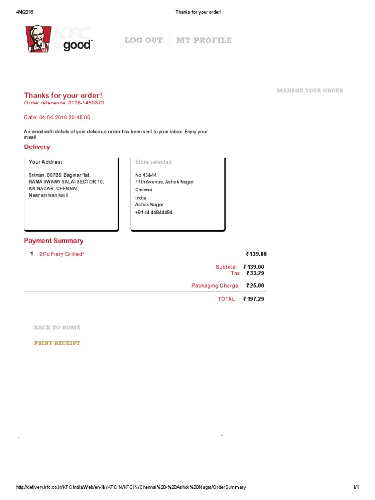 KFC Order Receipt and Invoice Details | PDF