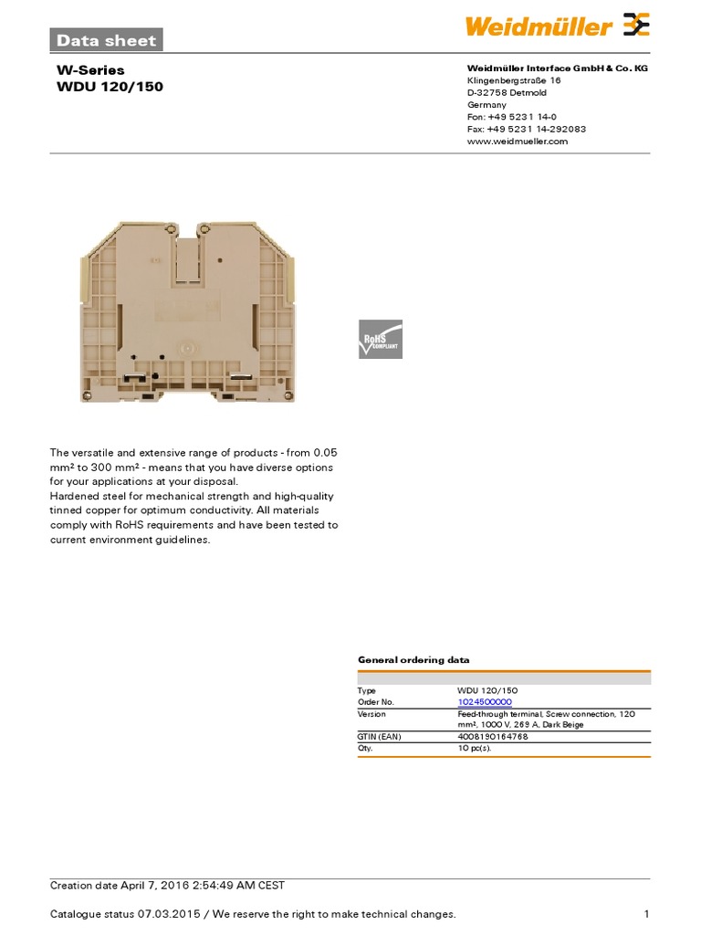 Data Sheet: W-Series WDU 120/150 | PDF | Electrical Wiring ...