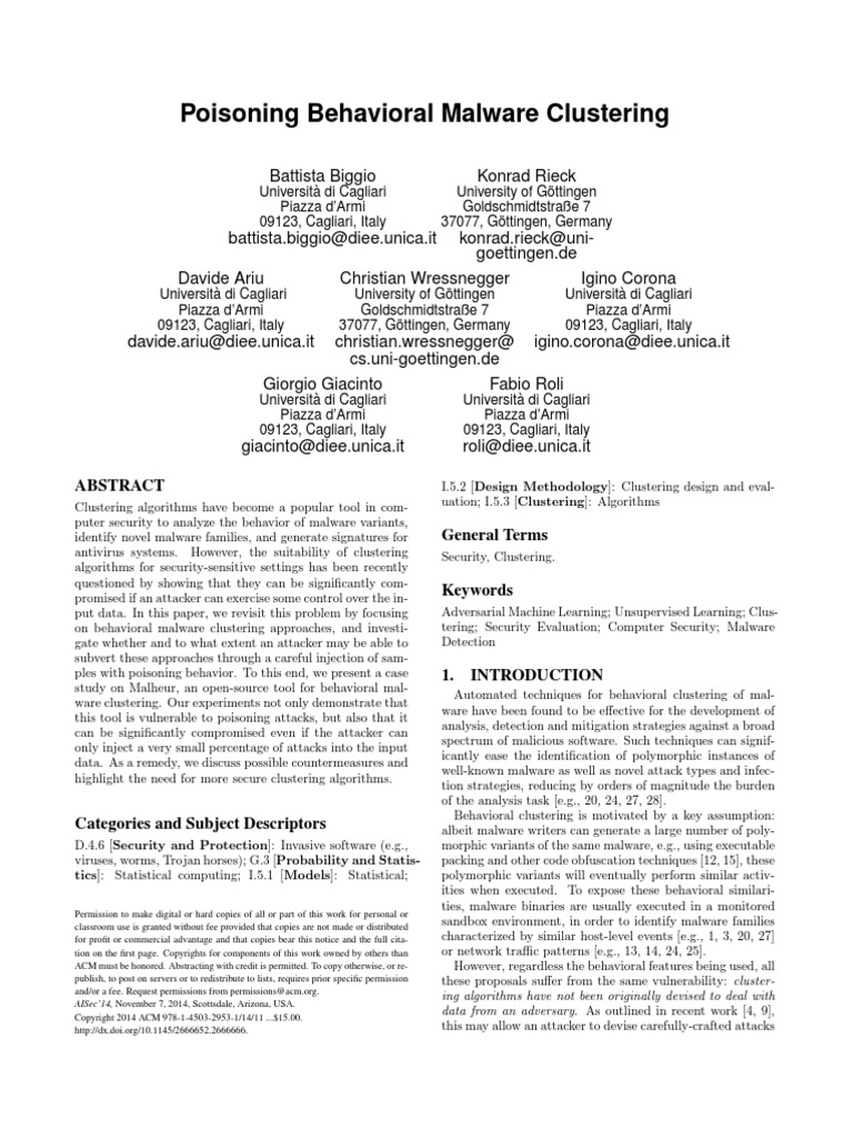 Poisoning Behavioral Malware Clustering | PDF | Cluster Analysis | Malware