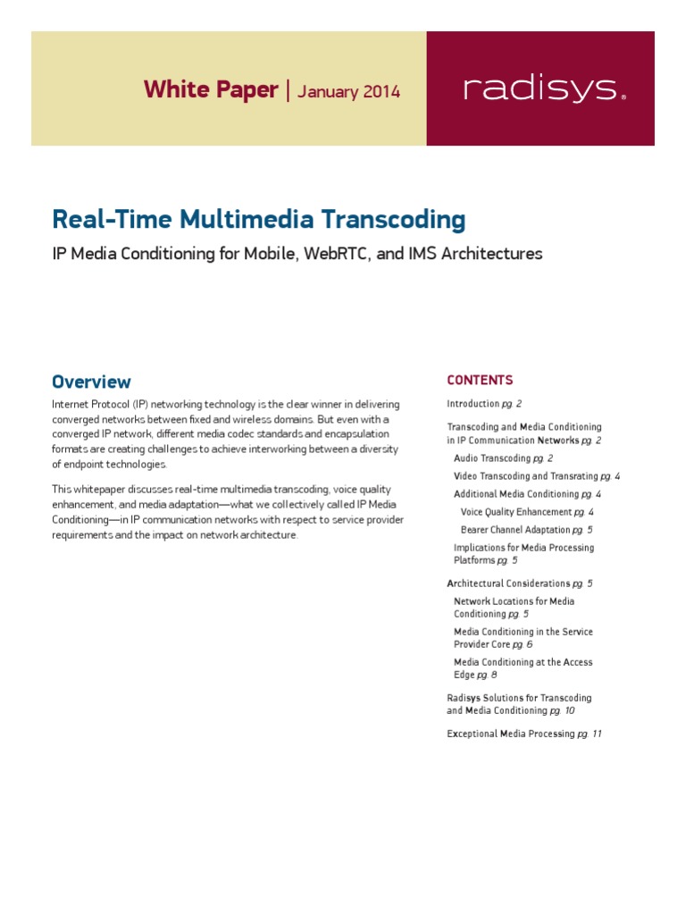 Paper Real Time Multimedia Transcoding WP Final - RADISYS | Download Free PDF | Ip Multimedia ...