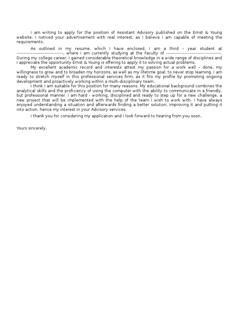 Cover Letter EY Advisory | PDF | Interdisciplinarity | Behavior ...