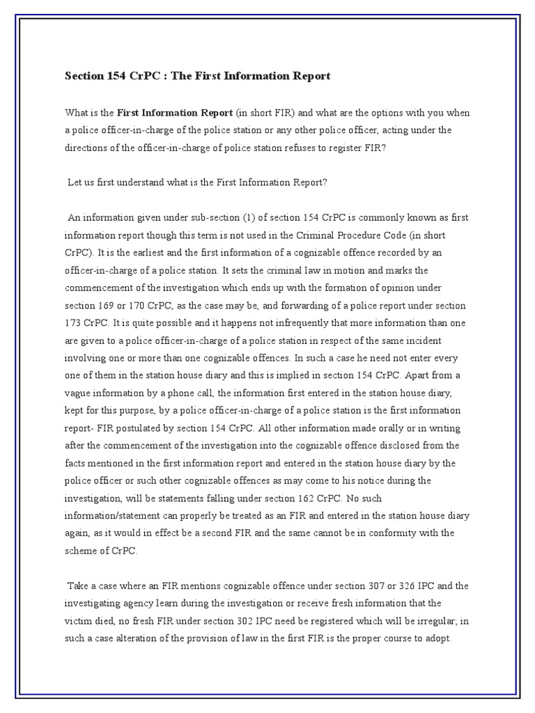 Section 154 CRPC: The First Information Report | PDF | Criminal ...
