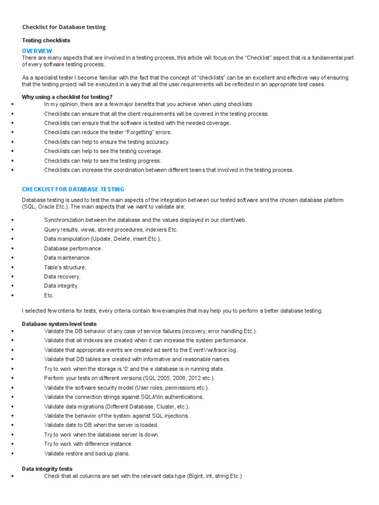 Database Testing Checklist | PDF | Software Testing | Database Transaction