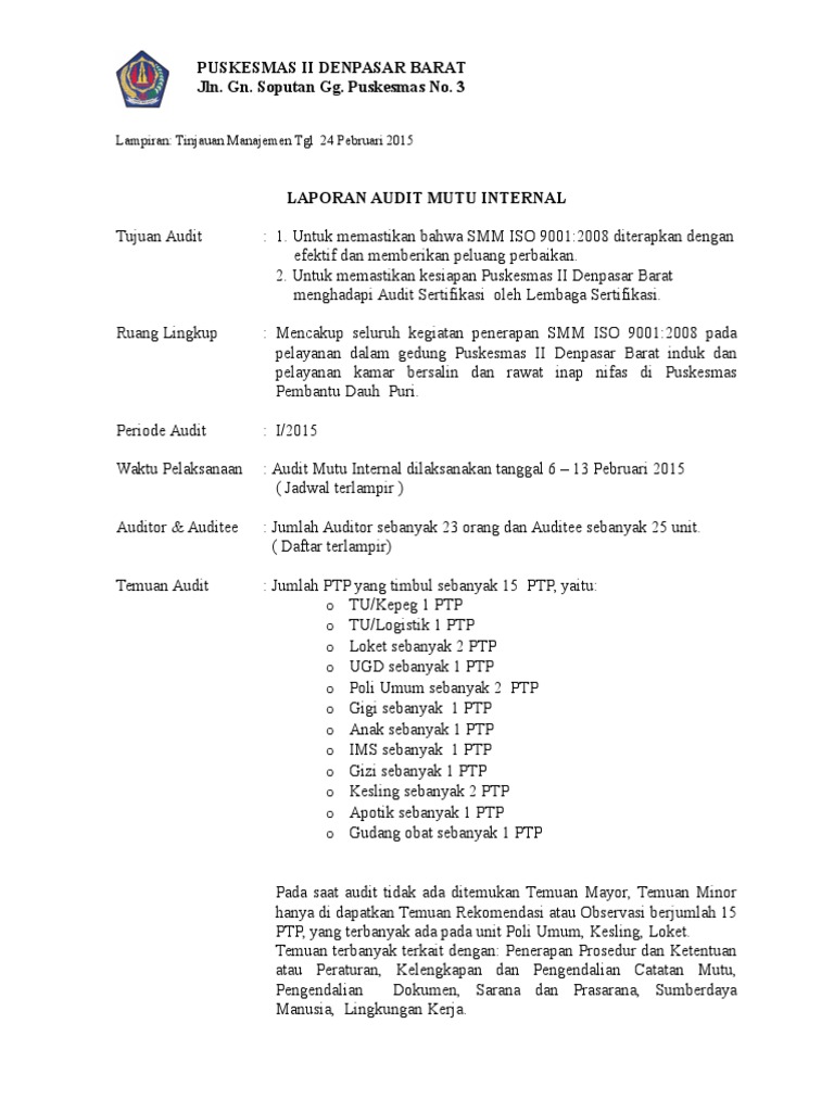 Contoh Format Laporan Audit Internal Puskesmas Kumpulan Contoh Laporan ...