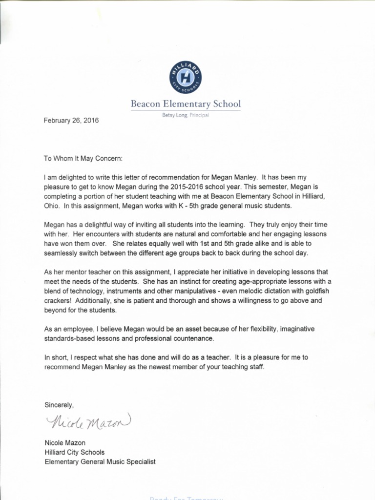 Recommendation for Music Teacher Megan Manley | PDF