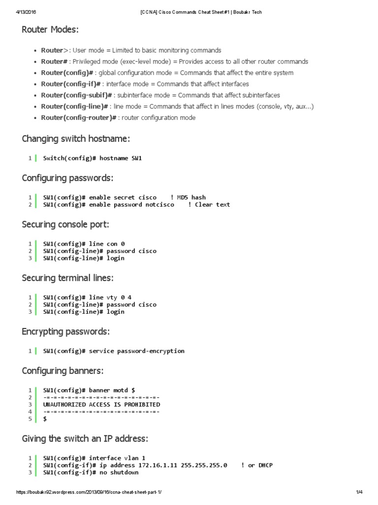 Ccna Cisco Commands Cheat Sheet 1 Boubakr Tech Pdf Pdf Secure Shell Ip Address