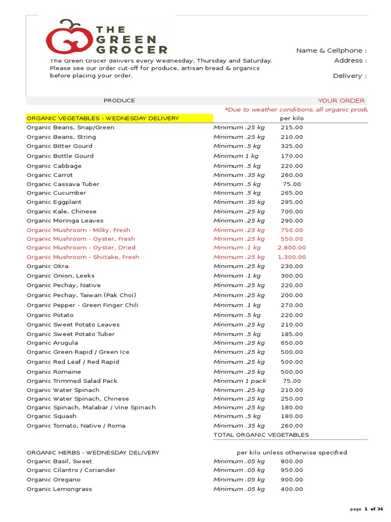 Green Grocer: Grocers List | PDF | Steak | Tomato Sauce