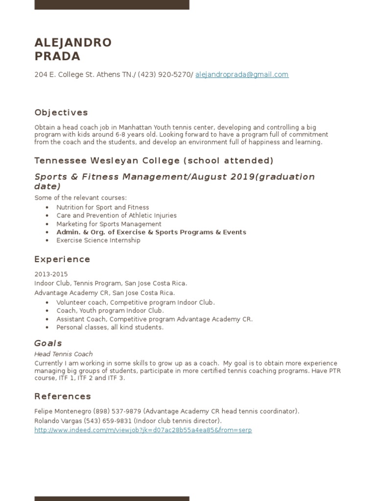 Alejandro Prada: Tennis Coach Resume | PDF