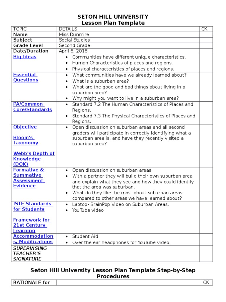 Seton Hill University Lesson Plan Template: Name Subject Grade Level ...