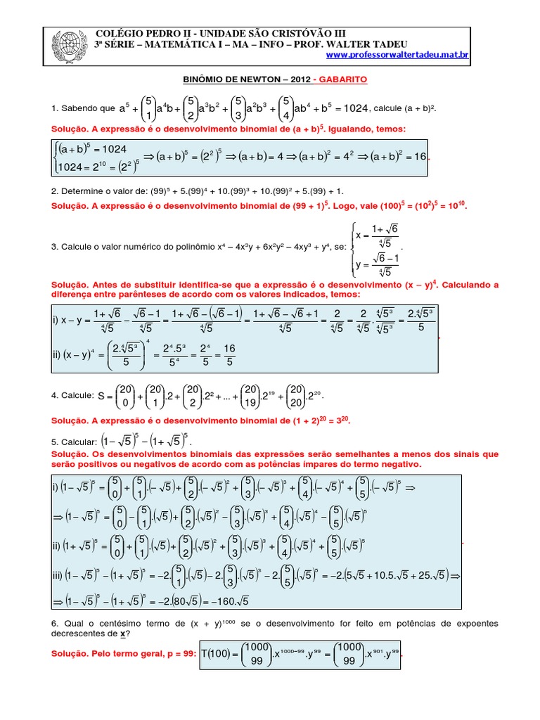 Binomio Newton e Coeficiente Binomial - Gabarito - 2012 PDF | PDF | Analise matemática | Álgebra
