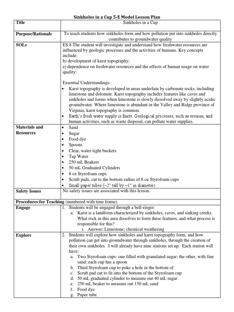 Sinkhole Formation Lesson Plan | PDF | Sinkhole | Limestone