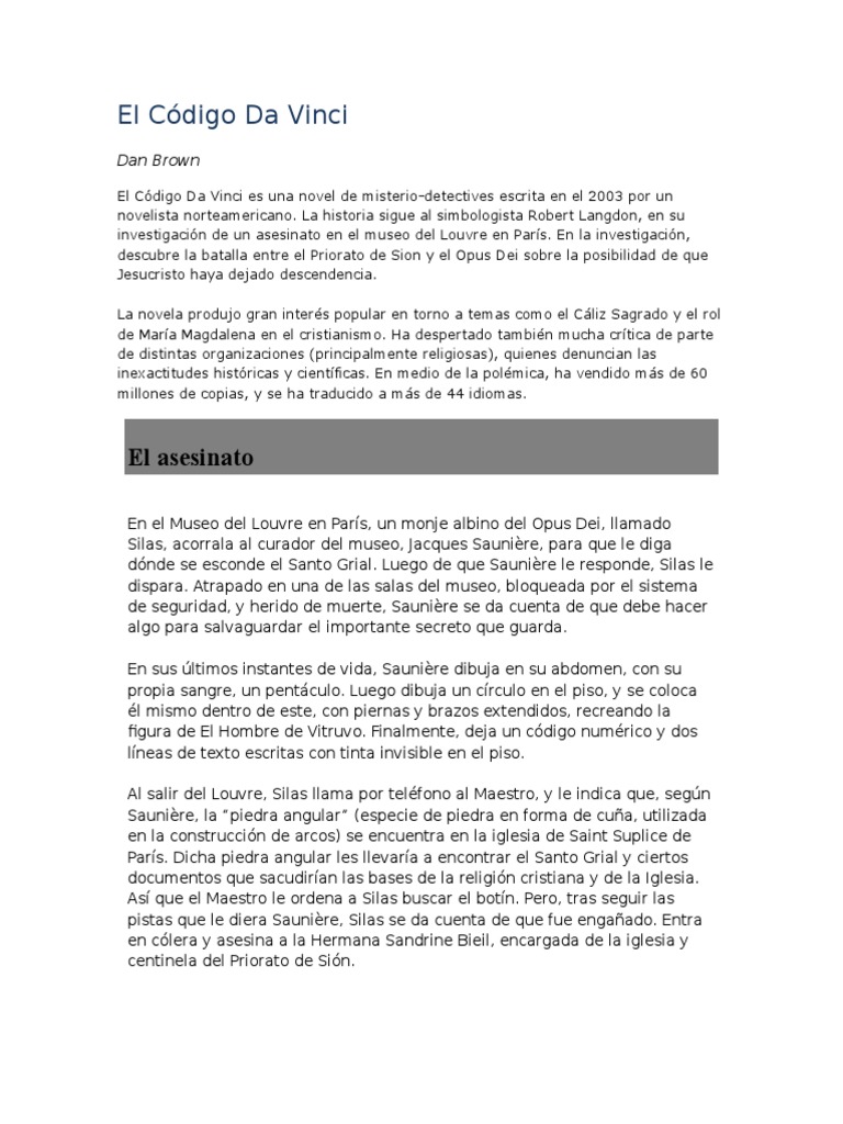 El Código Da Vinci (Resumen) | PDF | Religión y creencia