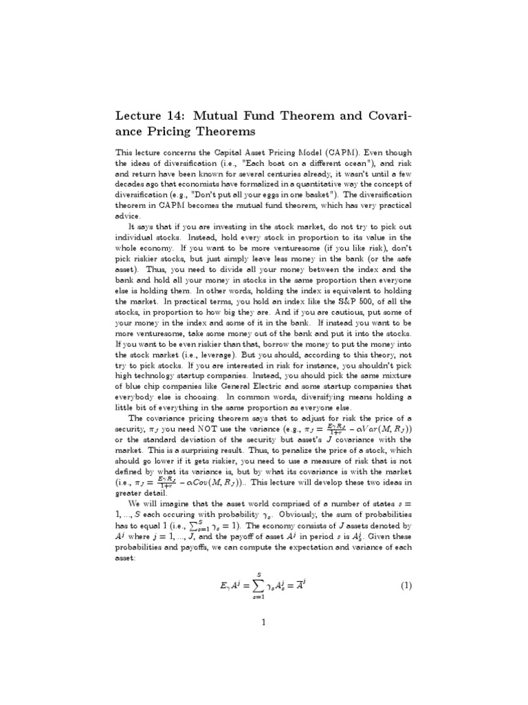 Lecture 14 - Mutual Fund Theorem and Covariance Pricing Theorems | PDF ...
