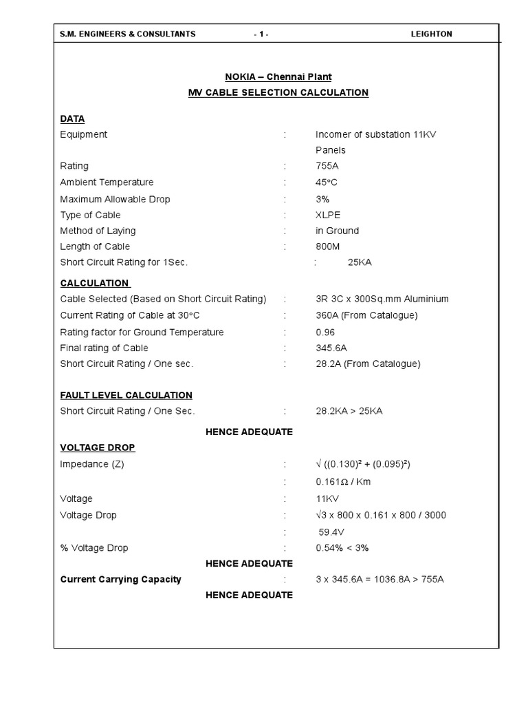 MV Cable Selection Calculation for 11KV | PDF