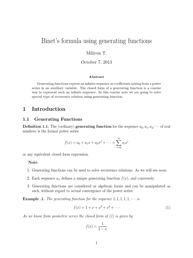 Binet's Formula Via Generating Function | PDF | Power Series ... Binet's Formula Via Generating Function | PDF | Power Series ...