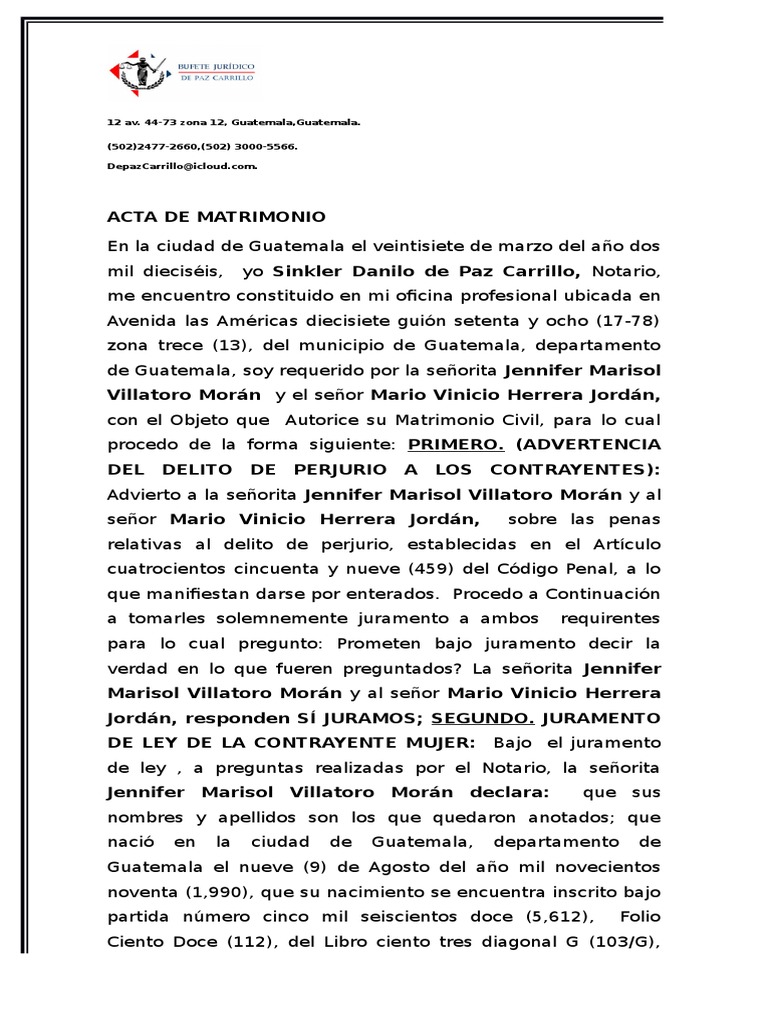 Acta de Matrimonio Guatemala | PDF | Matrimonio | Derecho Civil (Common Law)