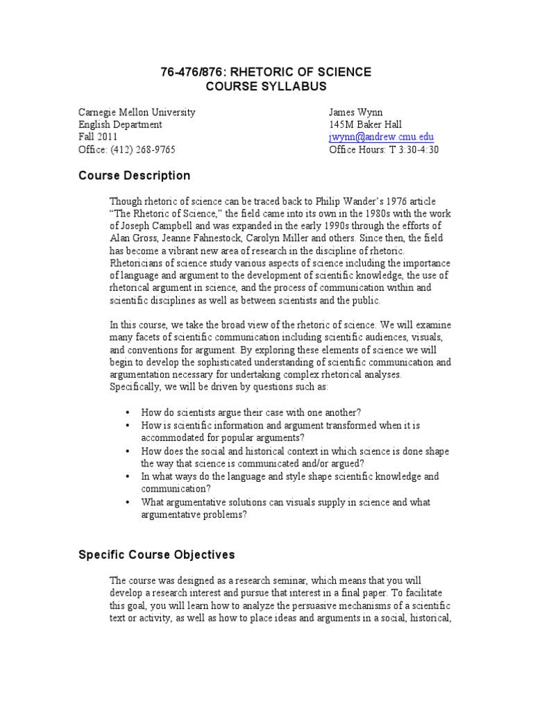 Syllabus Rhetoric of Science | PDF | Rhetoric | Science