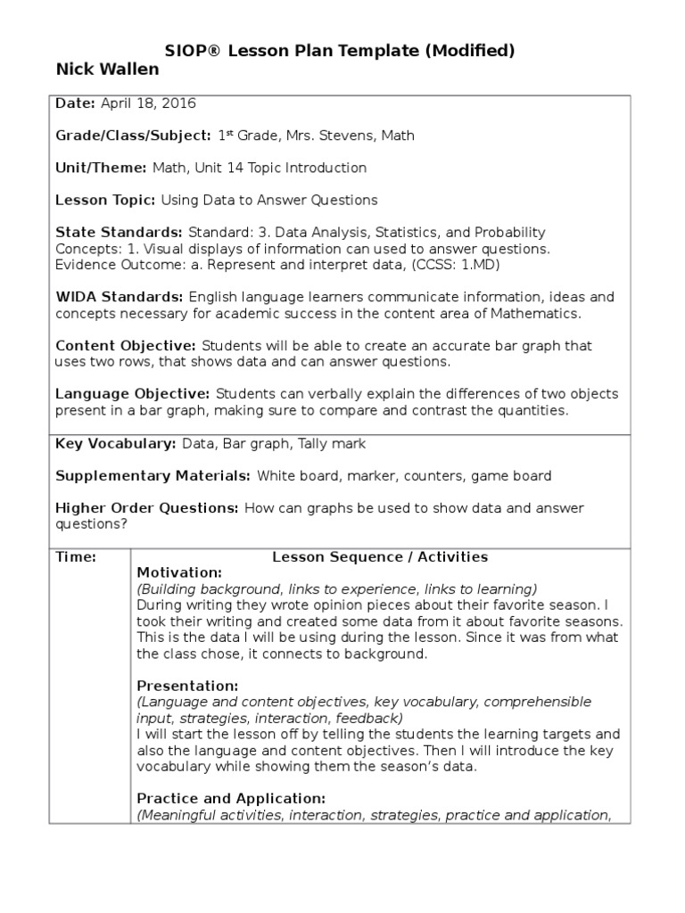 Lesson Plan Siop With Reflection and Video | PDF | Educational ...