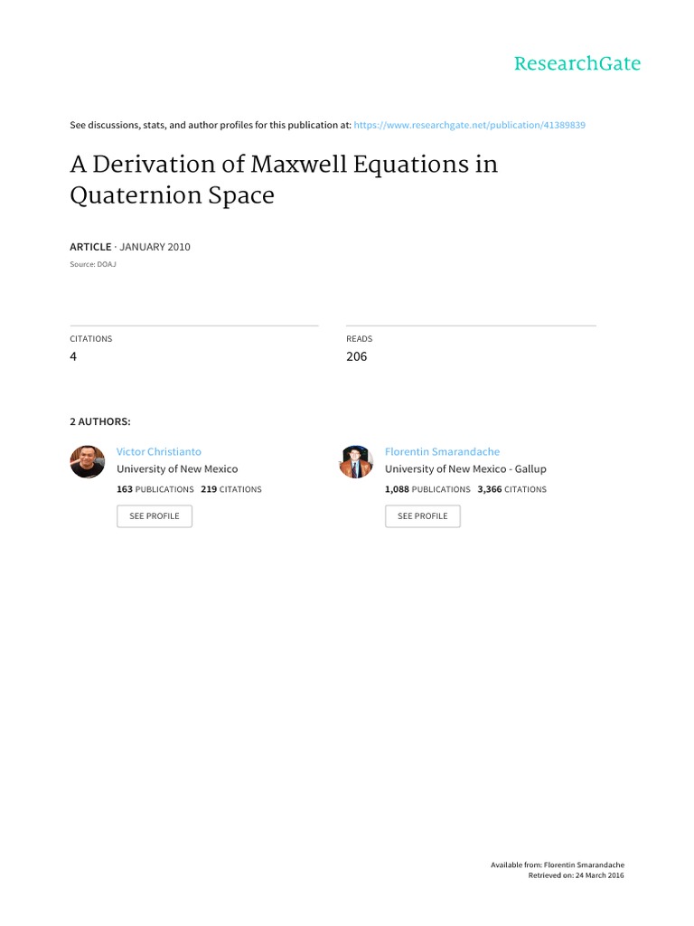 A Derivation of Maxwell Equations in Quaternion Space PDF | PDF ...