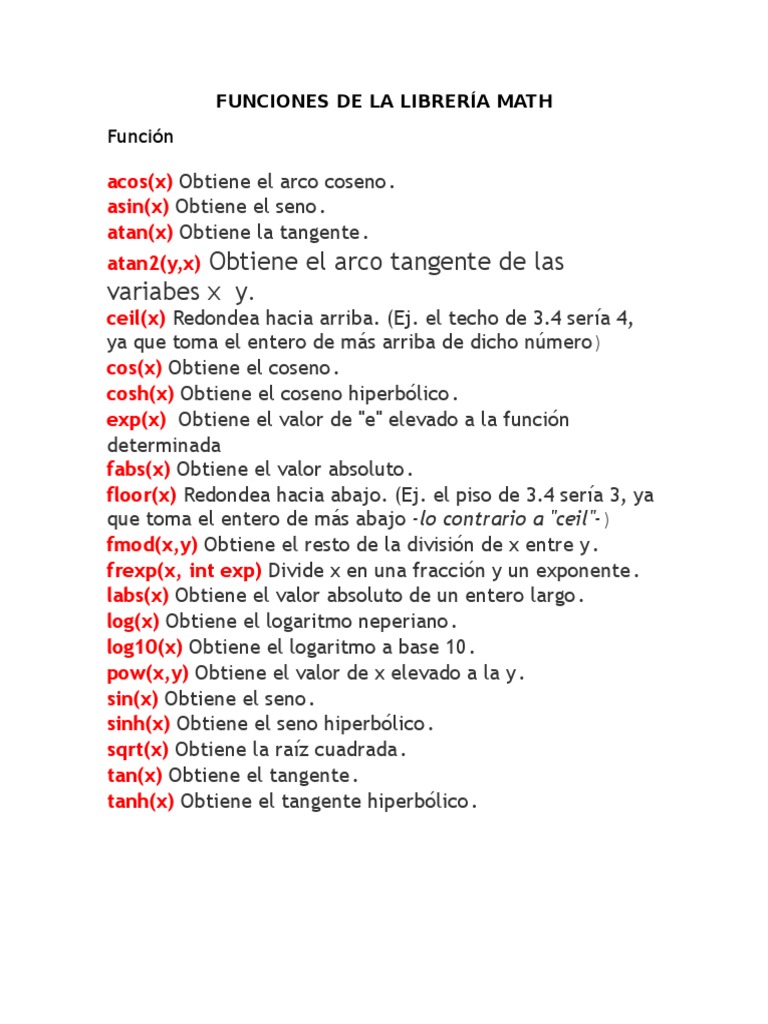 Funciones de La Librería Math | PDF | Logaritmo | Exponenciación