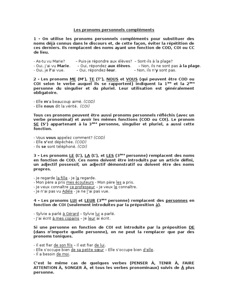 01 - Les Pronoms Personnels Compléments | PDF | Pronom | Complément d'objet