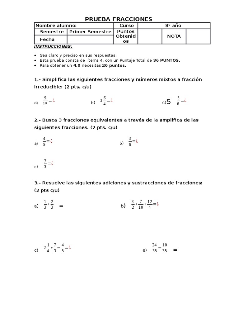 Prueba Fracciones 8º | PDF | Métodos y materiales de enseñanza