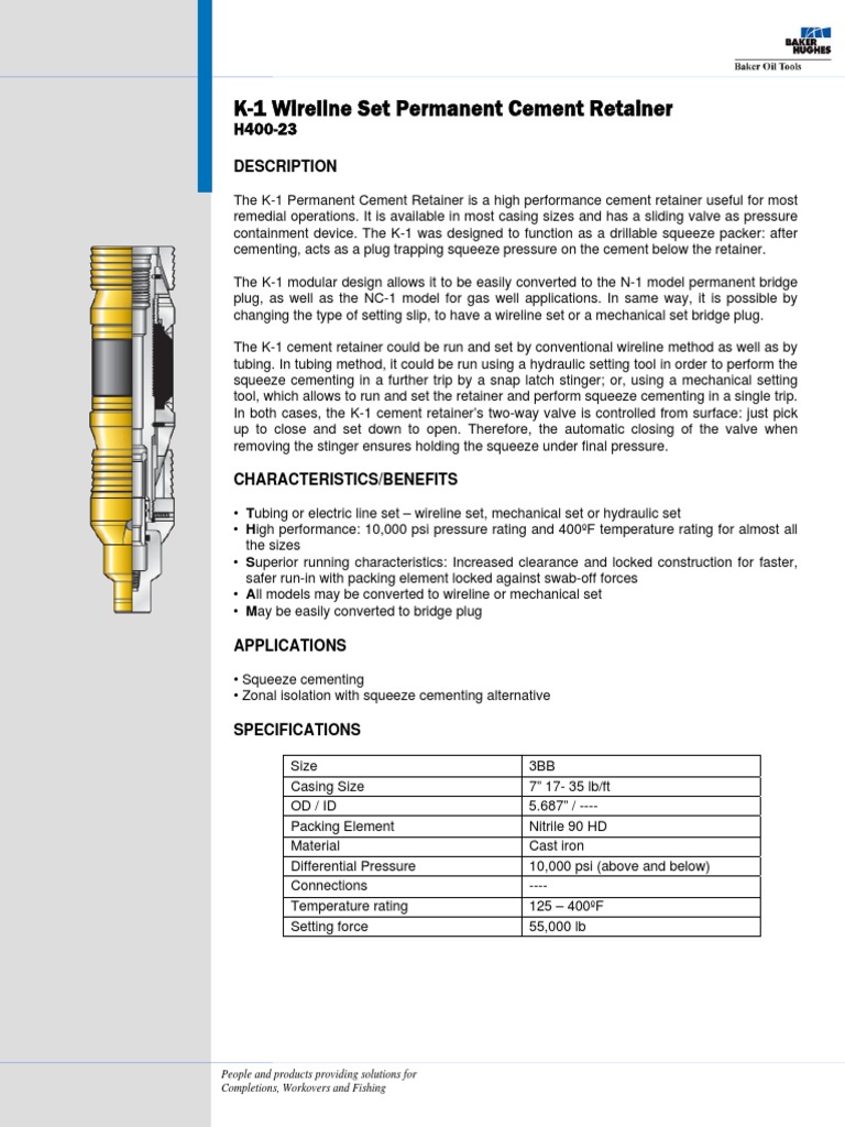 K-1 Wireline Set Permanent Cement Retainer: Product Description and ...
