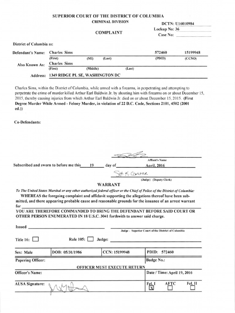Charles Sims Charging Documents | Arrest Warrant | Criminal Justice