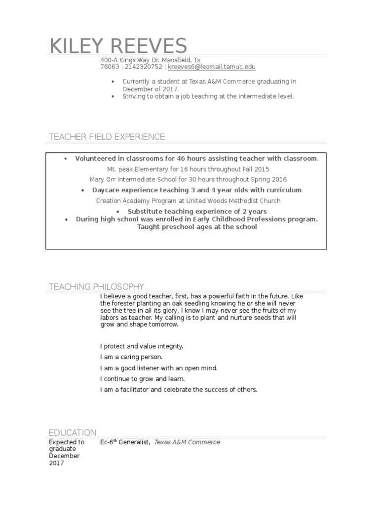 Kiley Reeves: Future Educator Profile | PDF | Career & Growth | Wellness