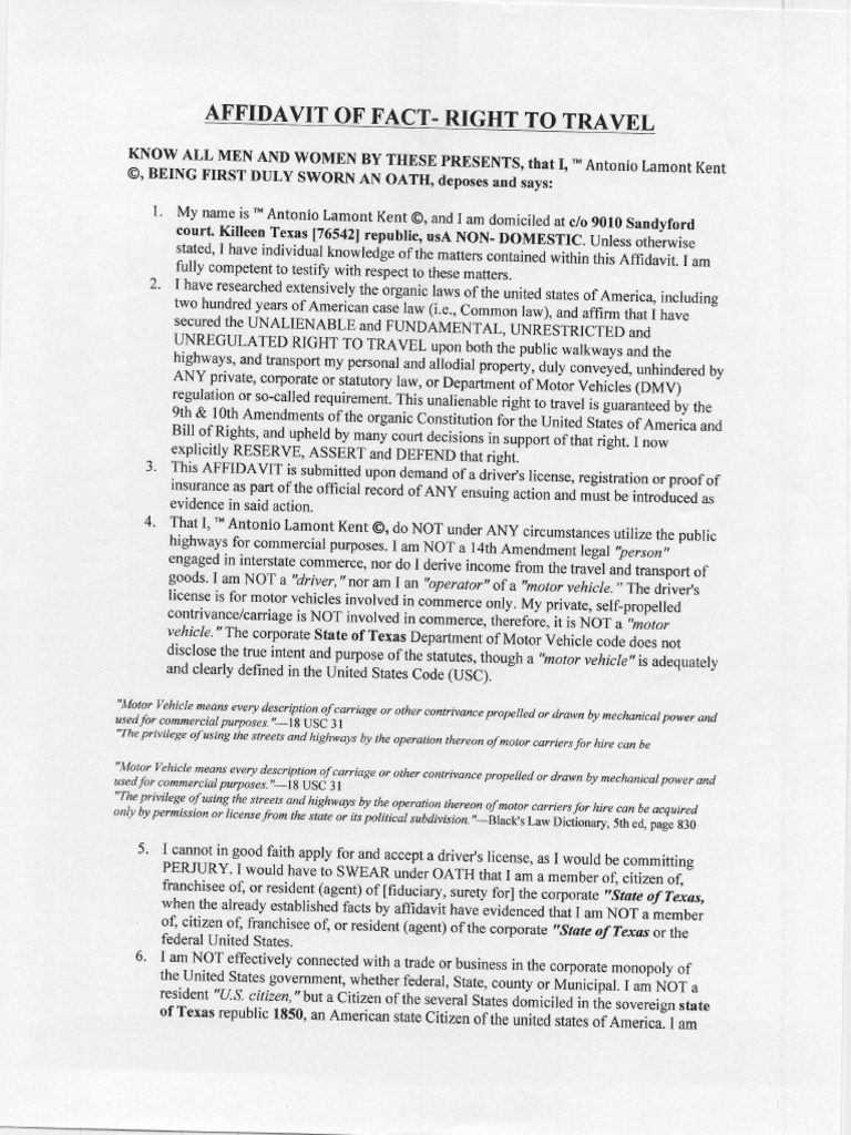 Affidavit of Right To Travel | PDF