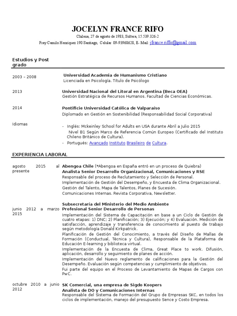 CV Jocelyn France | PDF | Gestión de recursos humanos | Planificación