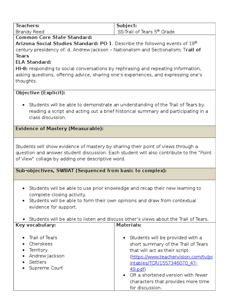Trail of Tears Lesson Plan Day 4 - 3 | PDF | Trail Of Tears | Conversation