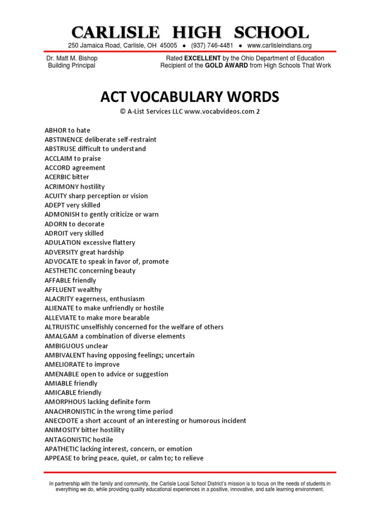 Carlisle High School ACT Vocabulary Words List | PDF | Anger | Emotions