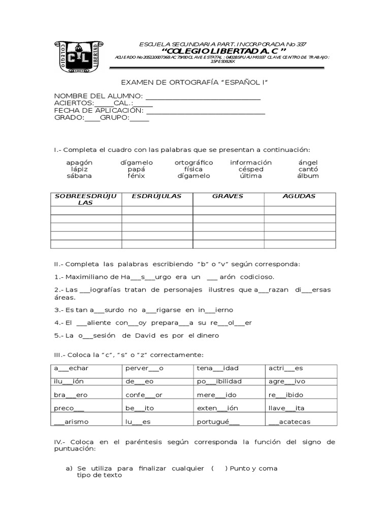 EXAMEN DE ORTOGRAFÍA 1° (DIC)