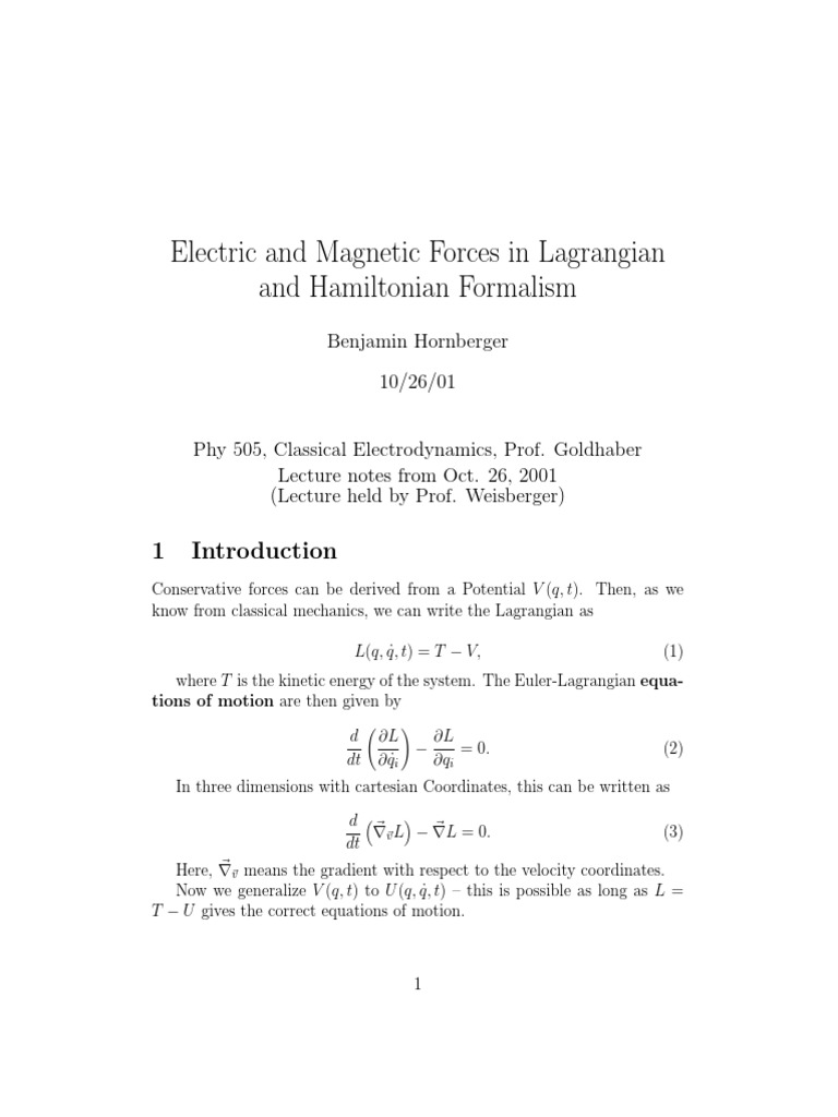 Electric and Magnetic Forces in Lagrangian and Hamiltonian Formalism | PDF | Lagrangian ...