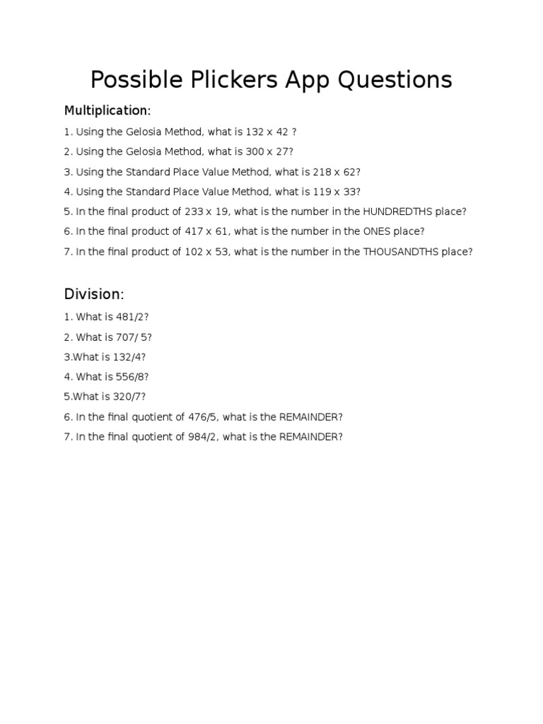 Possible Plickers App Questions | PDF
