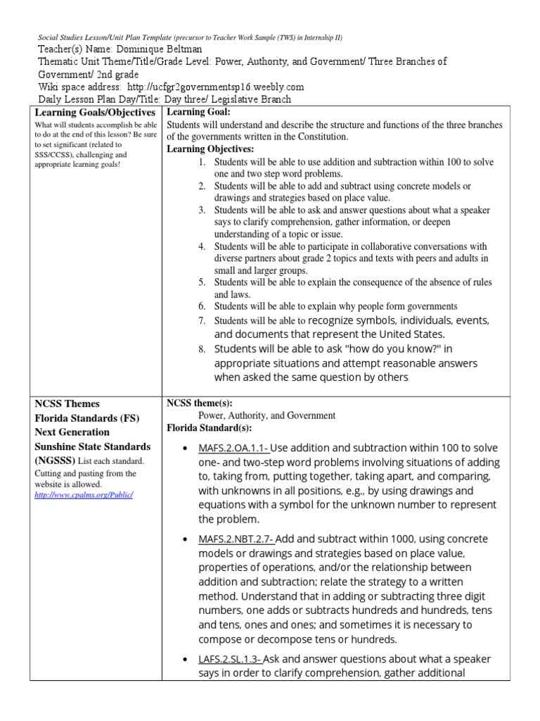 2nd Grade Legislative Branch Lesson Plan | PDF | Educational Assessment ...