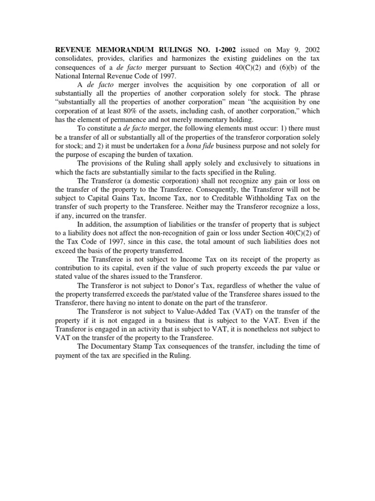 REVENUE MEMORANDUM RULINGS NO. 1-2002 Issued On May 9, 2002 | PDF ...