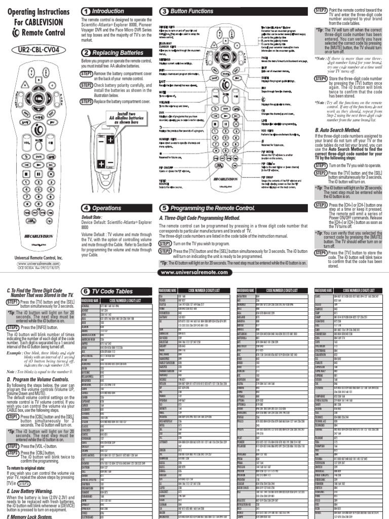 Optimum Remote UR2-CBL-CV04 Manual | PDF | Remote Control | Consumer Goods