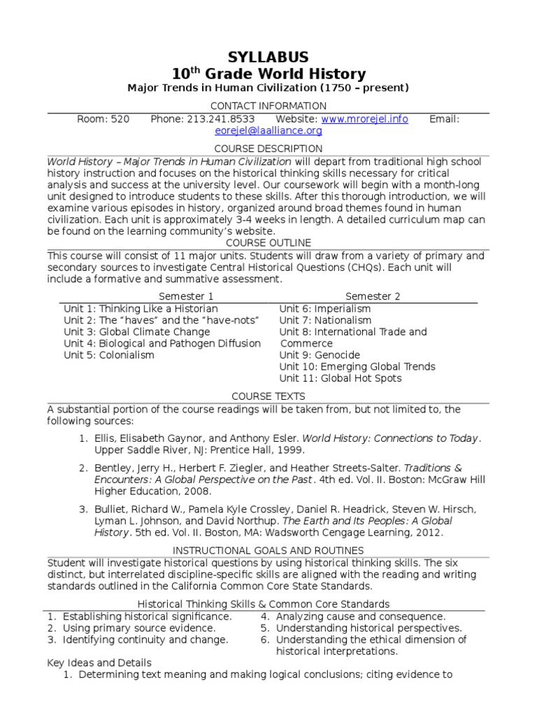 Syllabus 10 Grade World History: Major Trends in Human Civilization ...