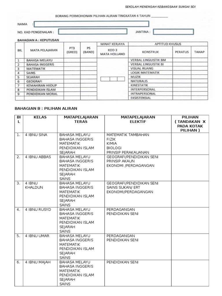 Borang Aliran Tingkatan 4 New1 | PDF