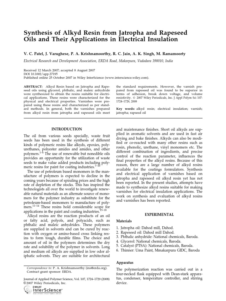 Synthesis of Alkyd Resin From Jatropha and Rapeseed | PDF | Varnish ...