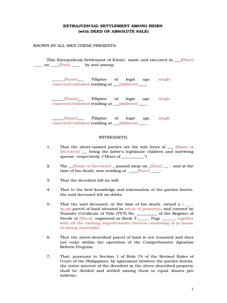 Sample Extrajudicial Settlement Among Heirs (With Deed of Absolute Sale ... Sample Extrajudicial Settlement Among Heirs (With Deed of Absolute Sale ...